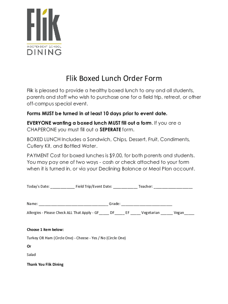 Fillable Online Boxed Lunch Order Form Template Fax Email Print - pdfFiller