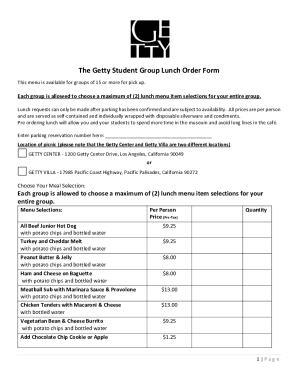 Fillable Online The Getty Student Group Lunch Order Form Fax Email ...