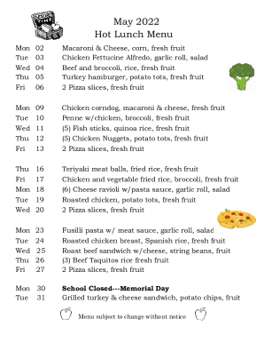 Fillable Online Sample Hot Lunch and Supper Menus for CACFP Child ...