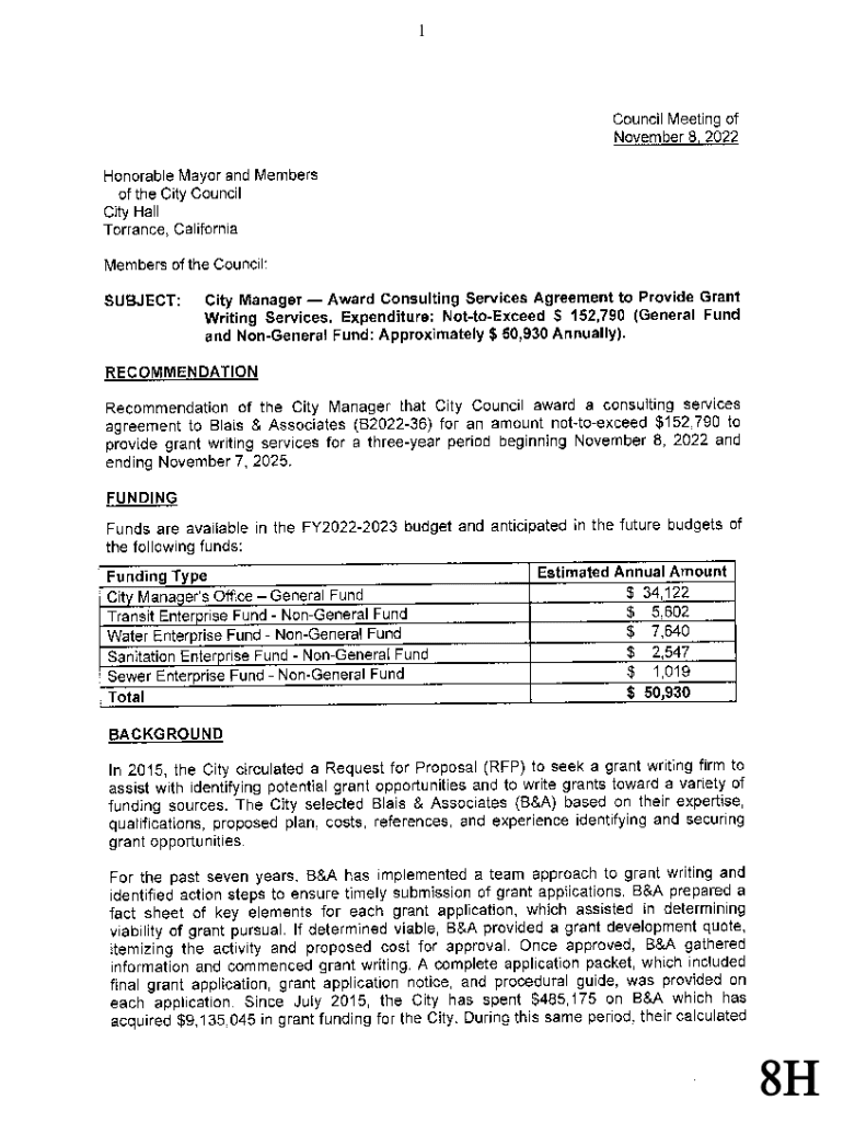 Fillable Online City Manager - Award Consulting Services Agreement to ...