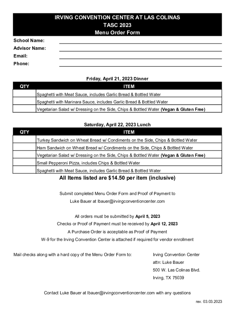 Fillable Online TASC-FoodOrder-Form-2023.xlsx Fax Email Print - pdfFiller