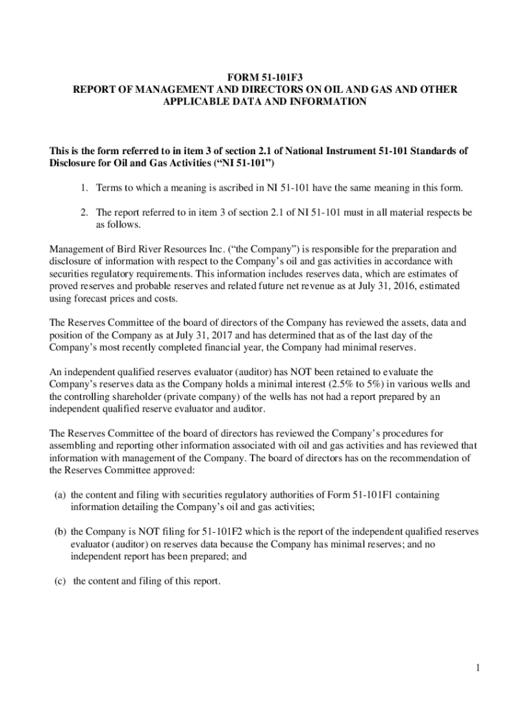 Fillable Online FORM 51-101F3REPORT OF MANAGEMENT AND DIRECTORS ON OIL ...