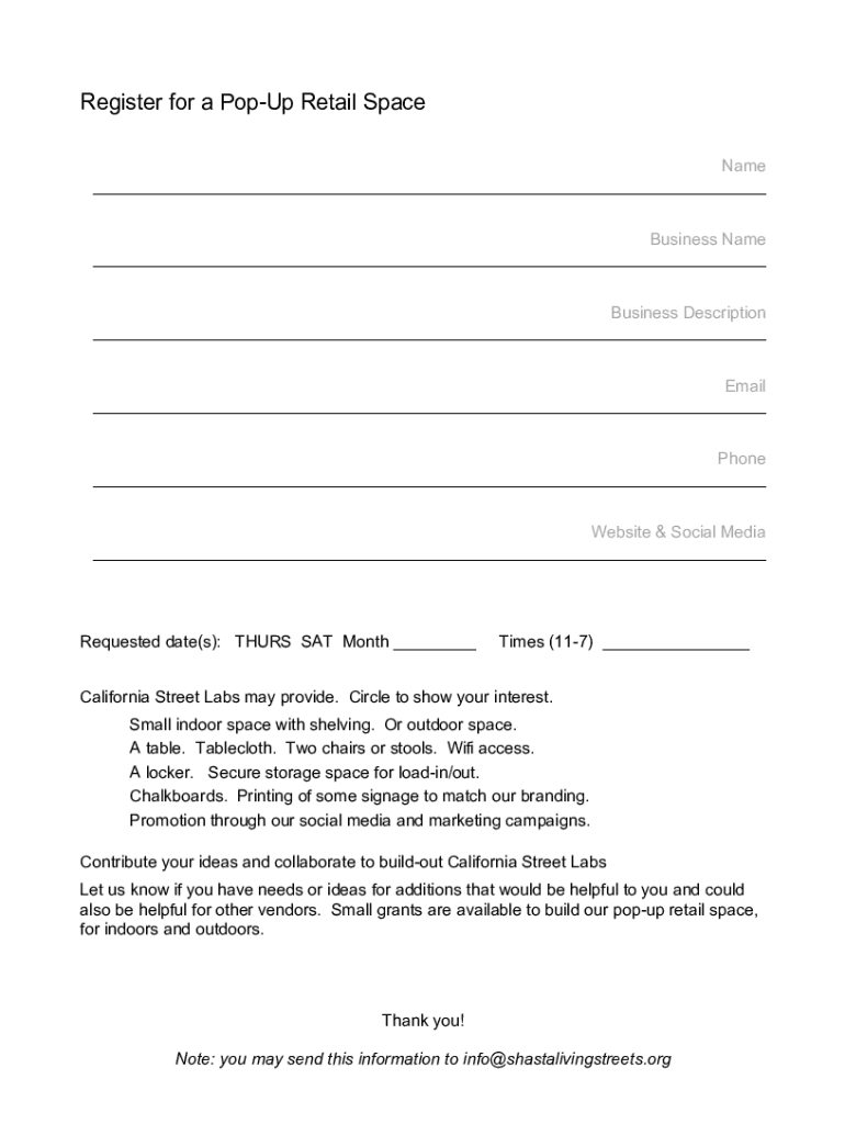 Fillable Online Pop Up Shop Vendor Application Fax Email Print - pdfFiller