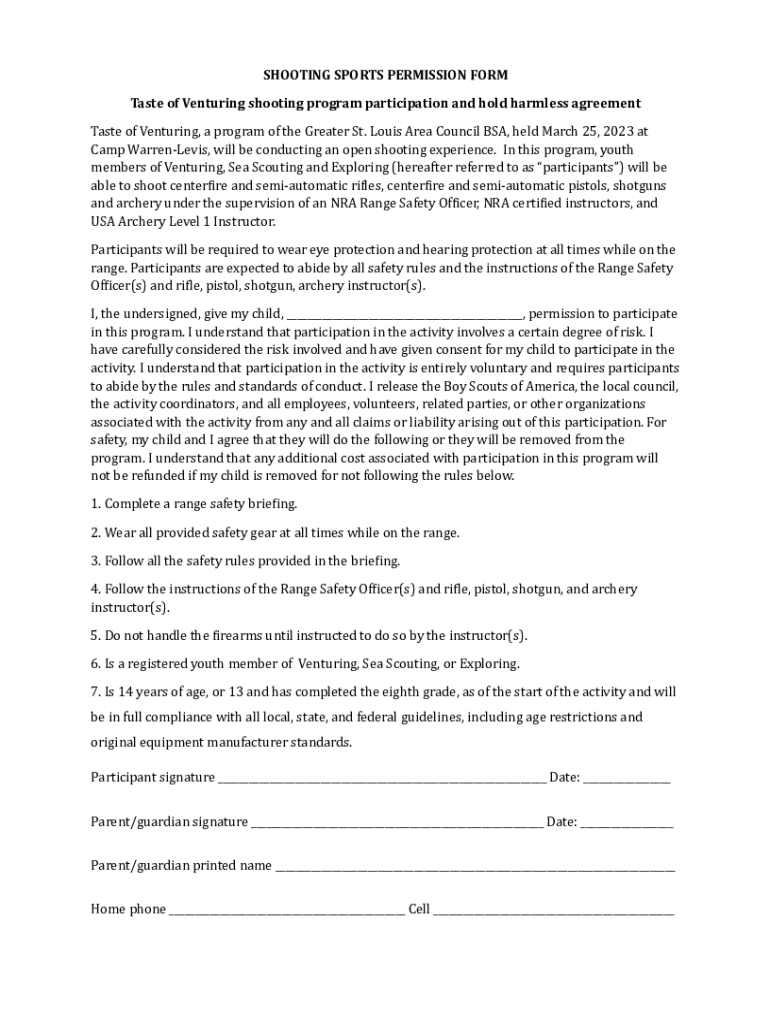 Fillable Online SHOOTING SPORTS PERMISSION FORM Fax Email Print - pdfFiller