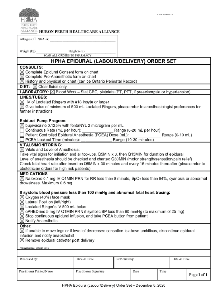 Fillable Online 0DROB001 HPHA Epidural (LabourDelivery) Order Set Fax Email Print - pdfFiller