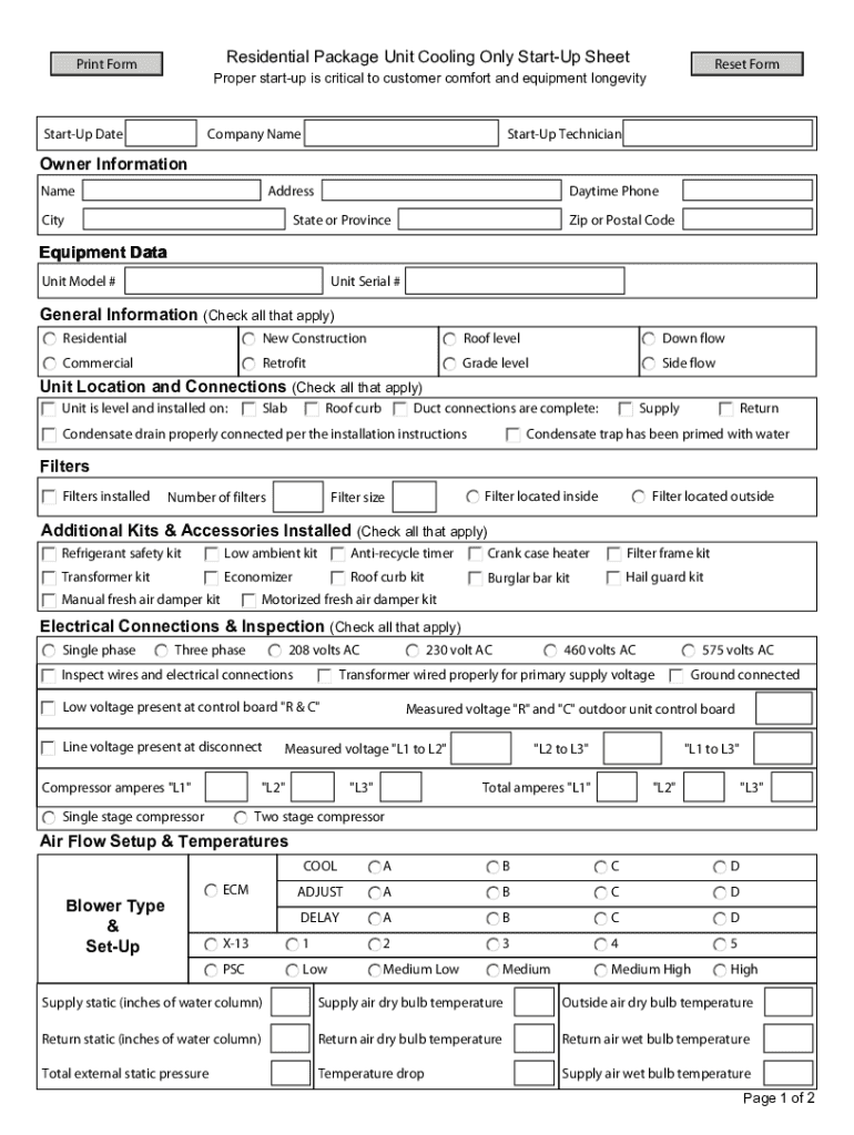 Fillable Online Residential Package Unit Cooling Only Start-Up Sheet ...