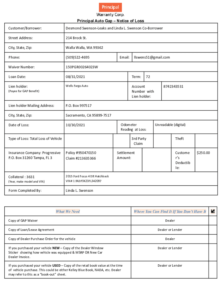 Fillable Online GAP - Notice of Loss Form Fax Email Print - pdfFiller
