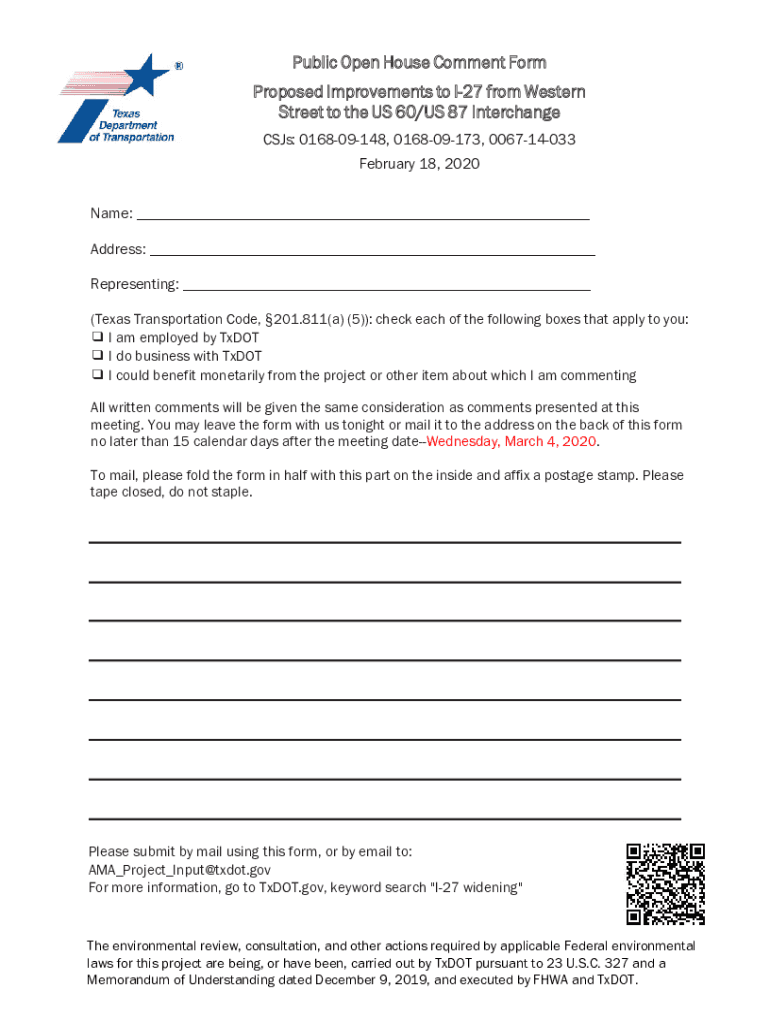 Fillable Online ftp dot state tx Public Open House Comment Form ... Fax ...