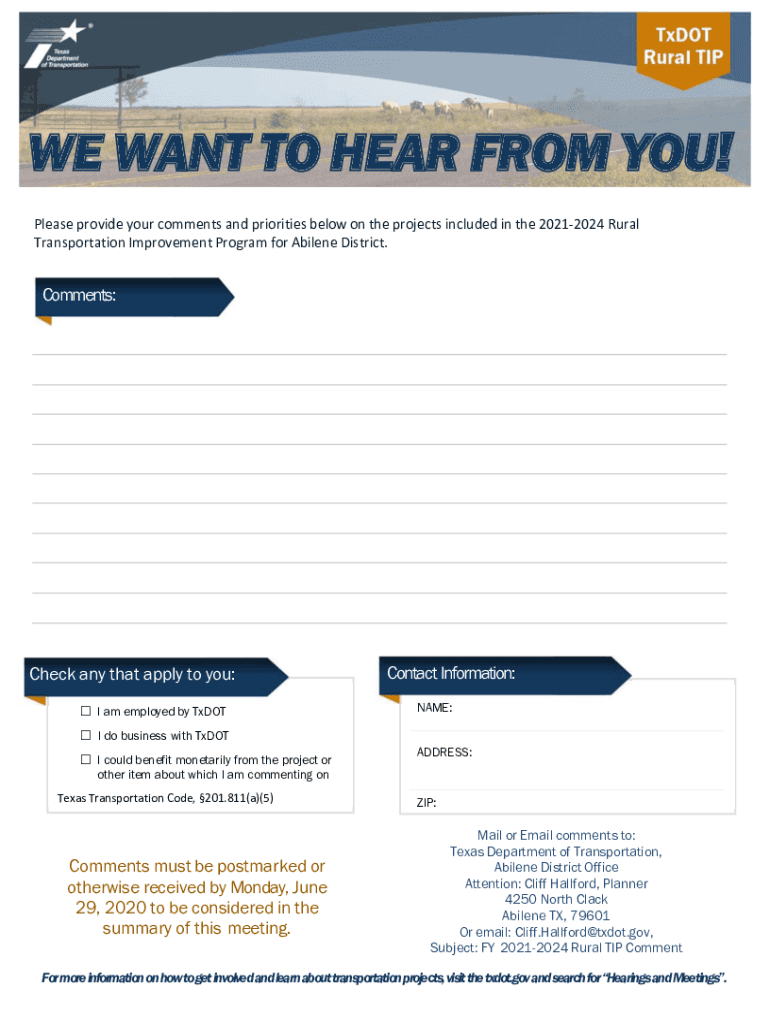 Fillable Online ftp dot state tx Comment Form. 2021-2024 Rural Transportation Improvement ...