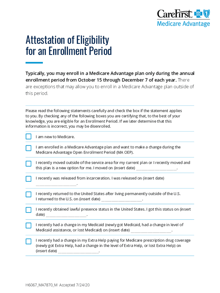 Fillable Online Attestation of Eligibility for an Enrollment Period ...