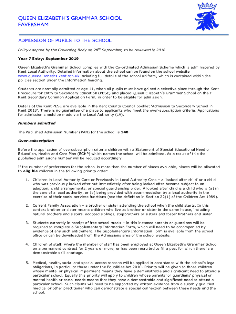 Fillable Online Admissions Policy 2019-20 including sixth form Fax Email Print - pdfFiller