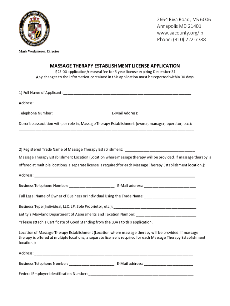 Fillable Online massage therapy establishment license application Fax ...