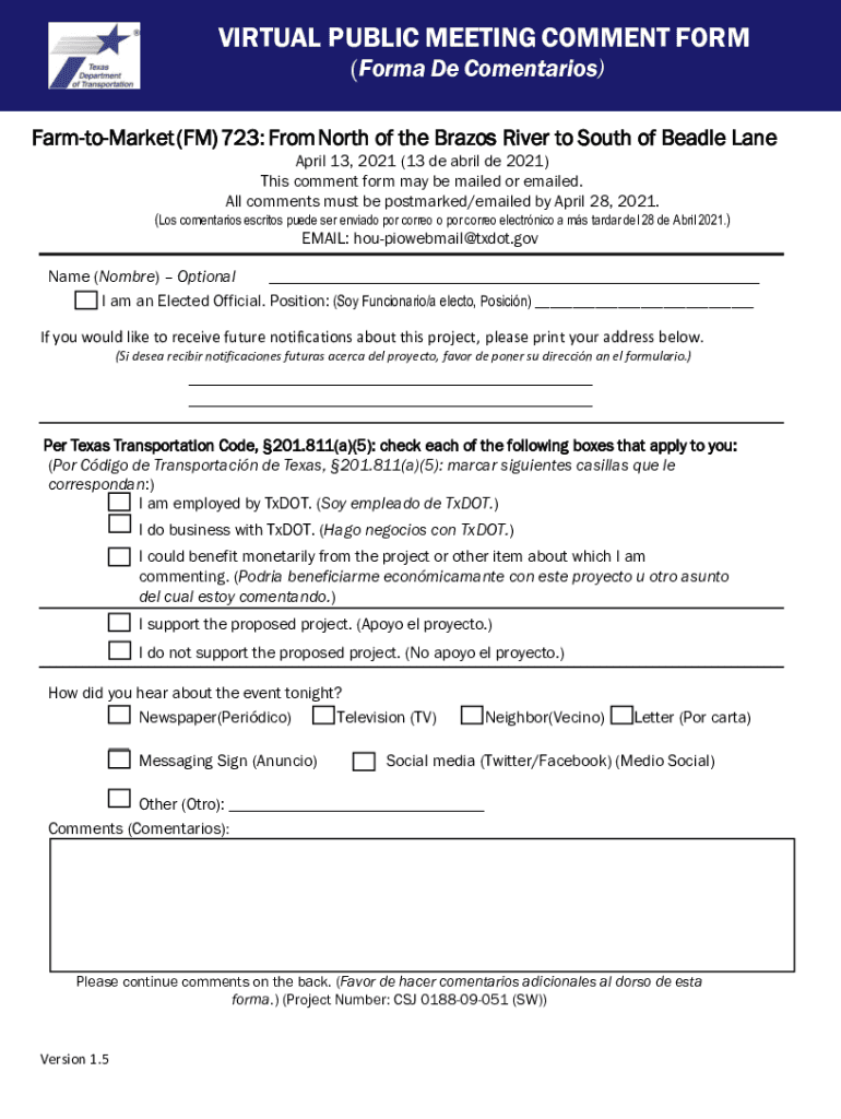 Fillable Online ftp dot state tx Comment Form. FM 723 from north of the ...