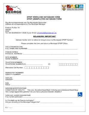 Fillable Online EPWP UNEMPLOYED DATABASE FORM Fax Email Print - pdfFiller