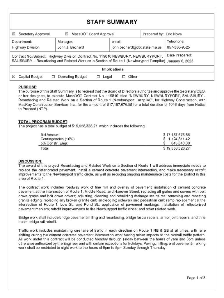 Fillable Online Staff summary for the proposed contract for resurfacing ...