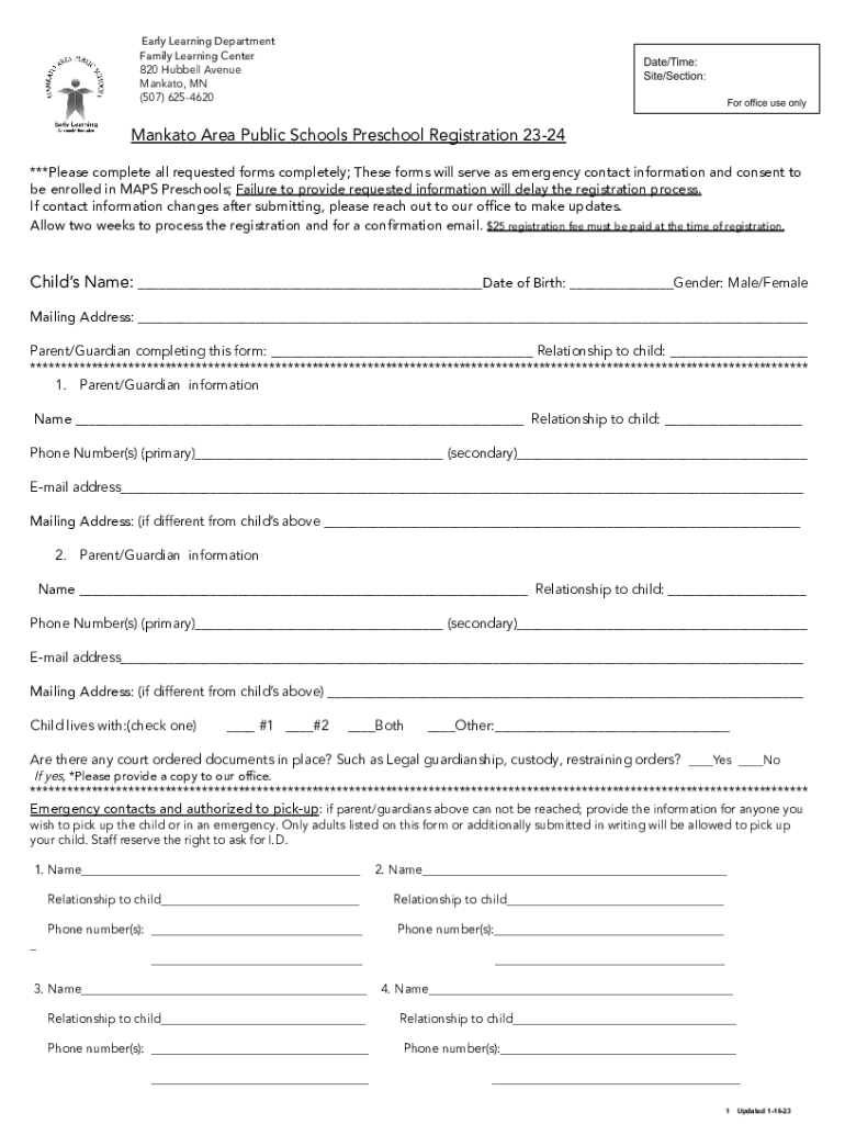 Fillable Online Registration Form preschool 23-24 final 1-16-23 Fax ...