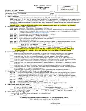Fillable Online Medical Laboratory Technician Application Information ...