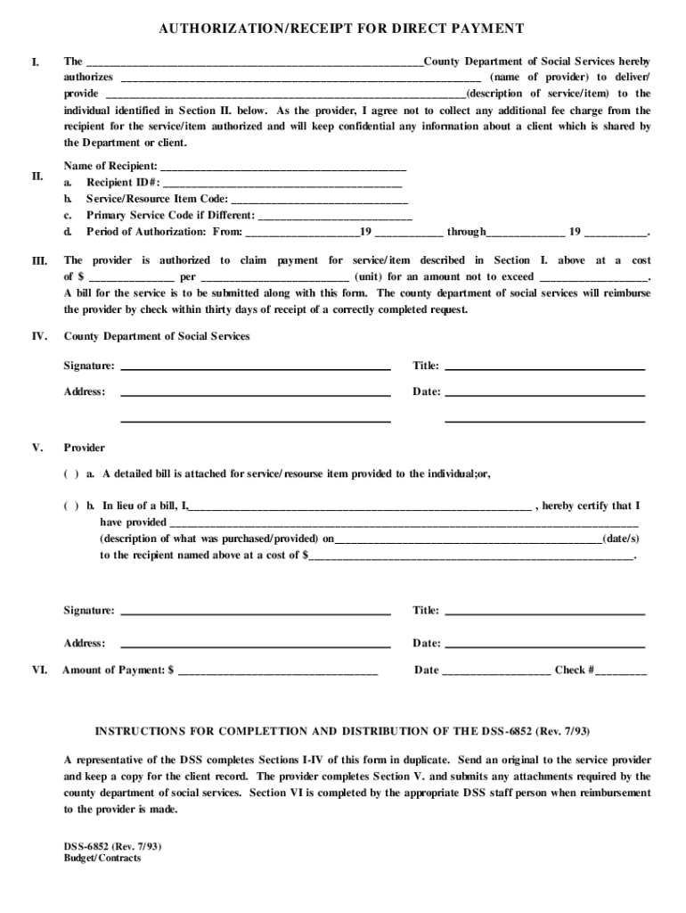 Fillable Online DSS-6852. Authorization / Receipt for Direct Payment ...