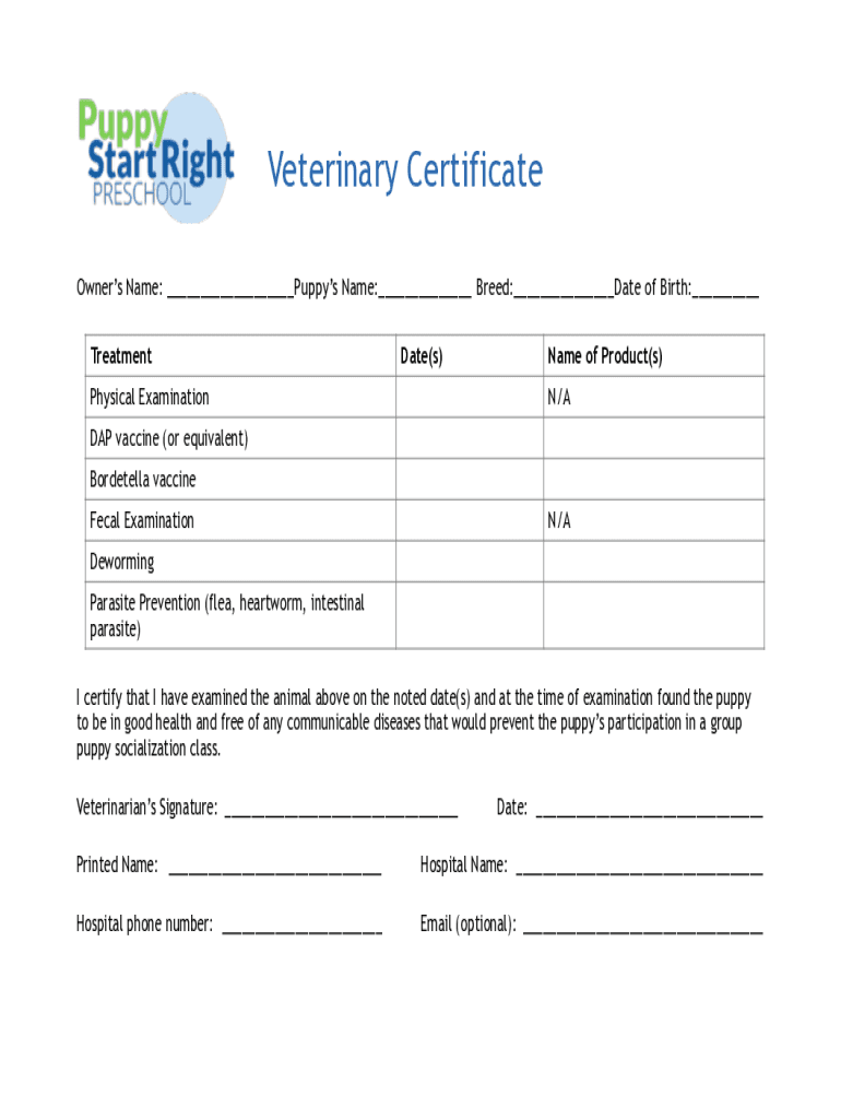 Fillable Online puppy vet certificate Fax Email Print - pdfFiller