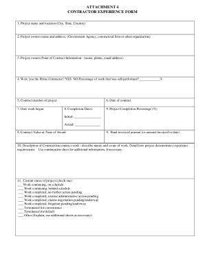 Fillable Online ATTACHMENT 4 - CONTRACTOR EXPERIENCE FORM Fax Email ...