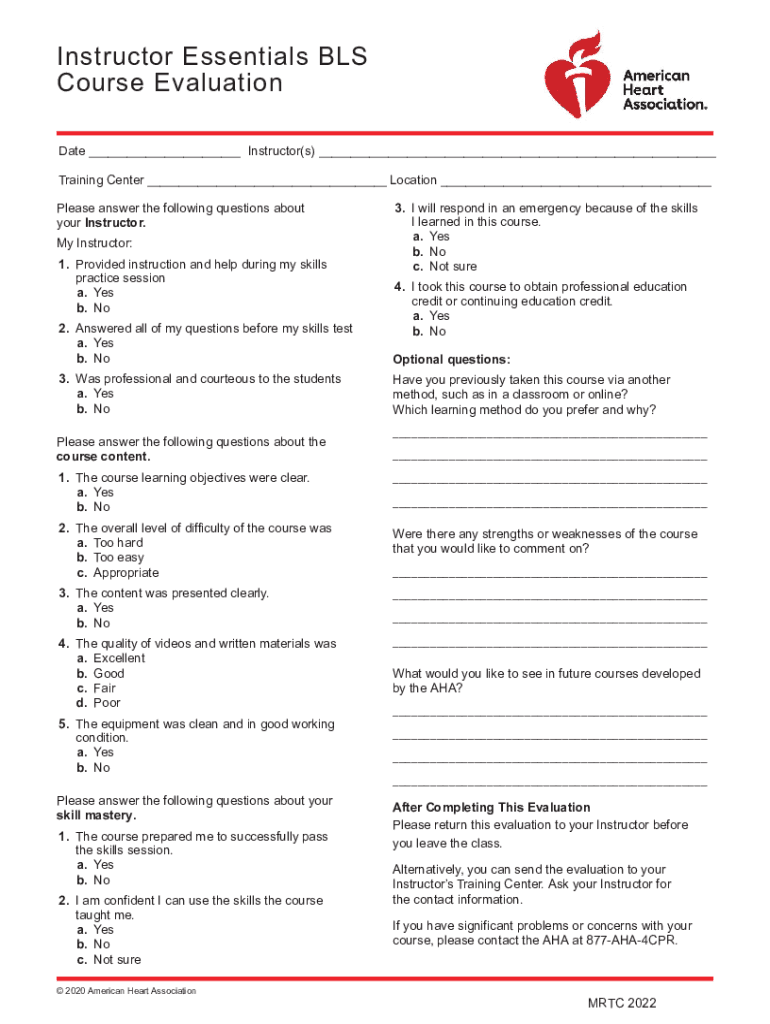 Fillable Online Aha heartsaver evaluation form Fax Email Print - pdfFiller