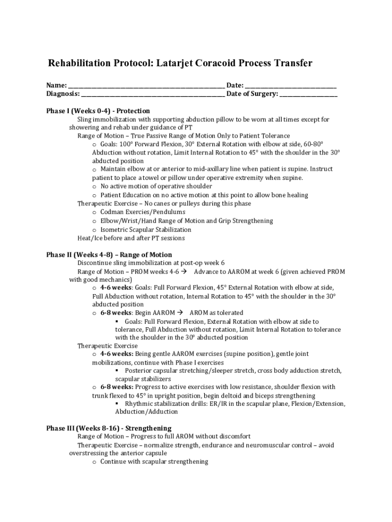 Fillable Online Rehabilitation Protocol: Latarjet Coracoid Process ...
