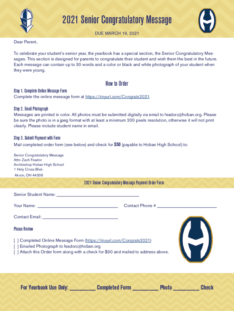 Fillable Online To celebrate your students senior year, the yearbook has a special section, the ...