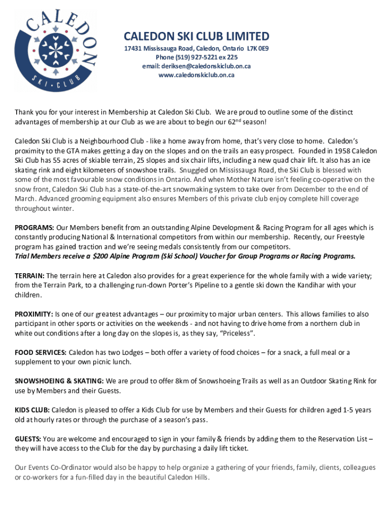 Fillable Online CaledonCaledon Ski Club: Private Ski Club in Ontario ...