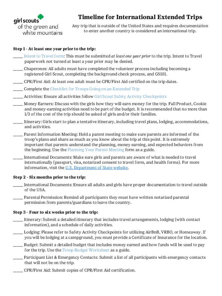 Fillable Online Timeline for International Extended Trips. Use this ...