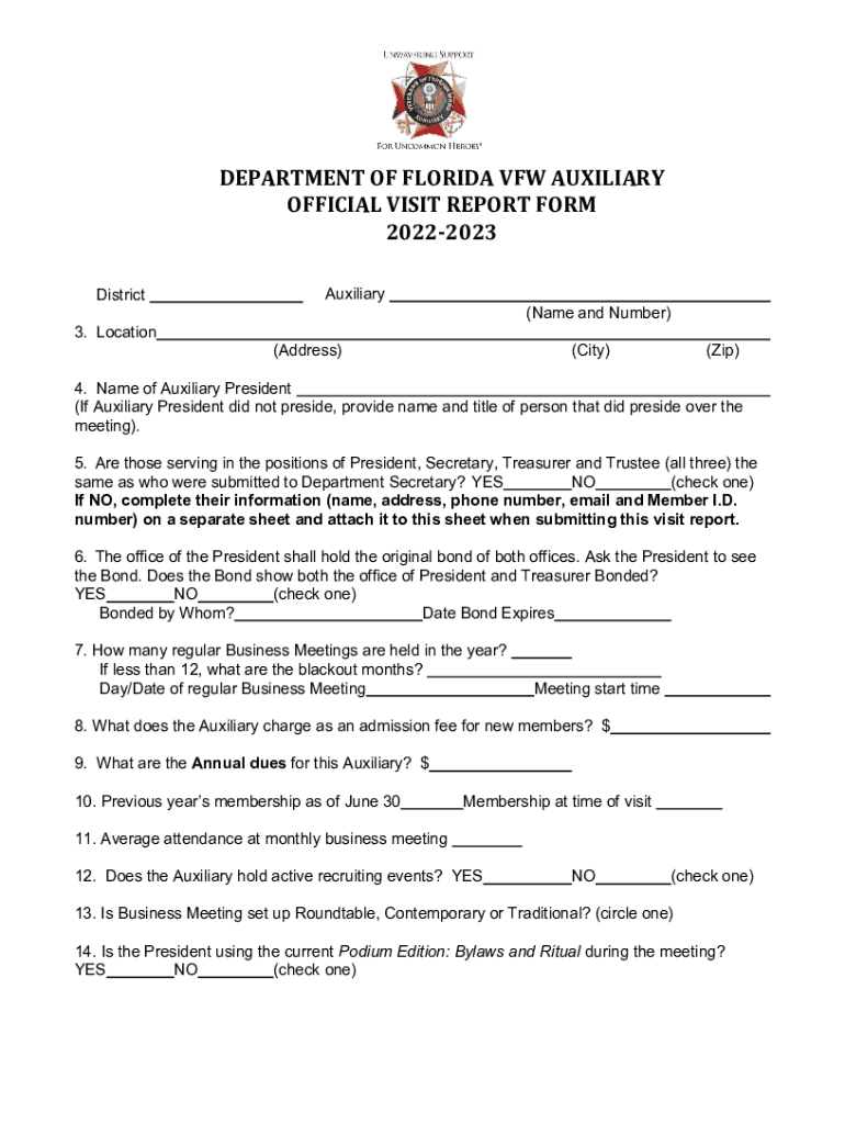 Fillable Online DEPARTMENT OF FLORIDA VFW AUXILIARY OFFICIAL VISIT ...