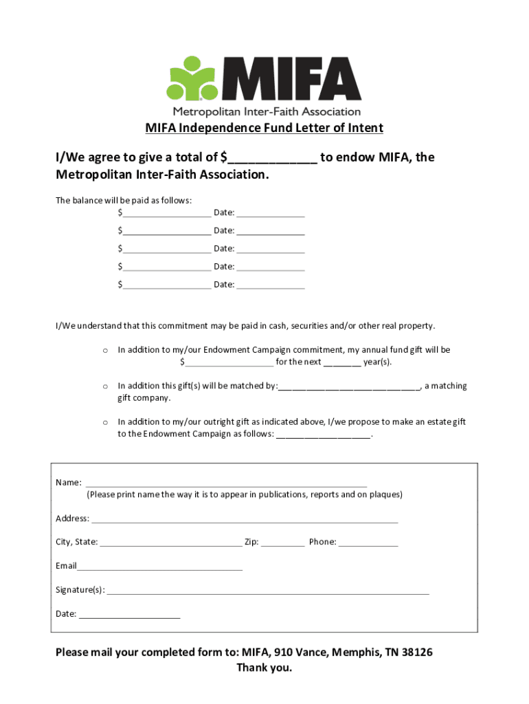 Fillable Online MIFA Independence Fund Letter of Intent I/We agree to ...
