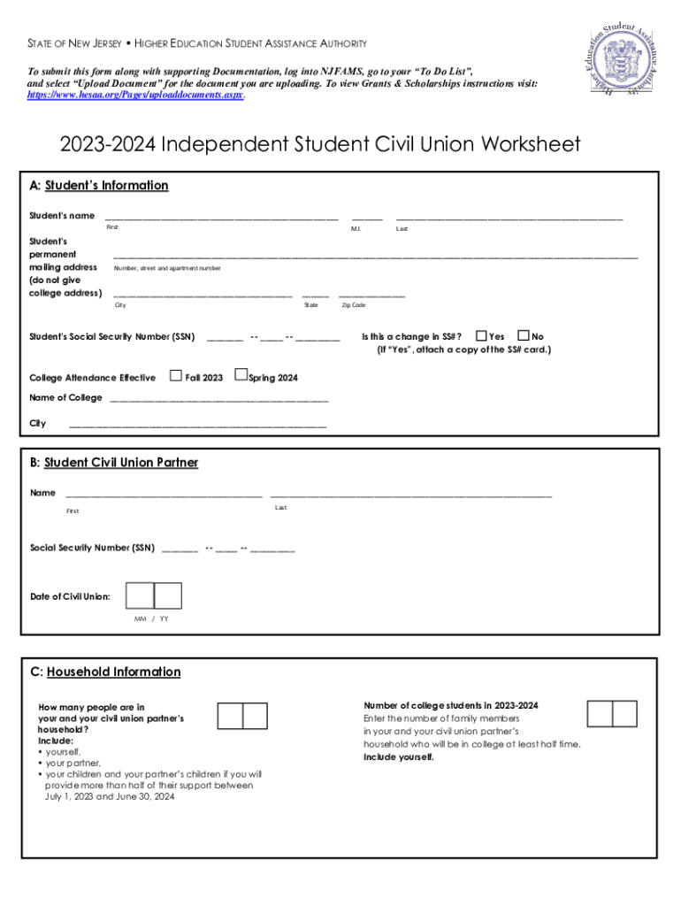 Fillable Online 2023-2024 Independent Student Civil Union Worksheet Fax ...