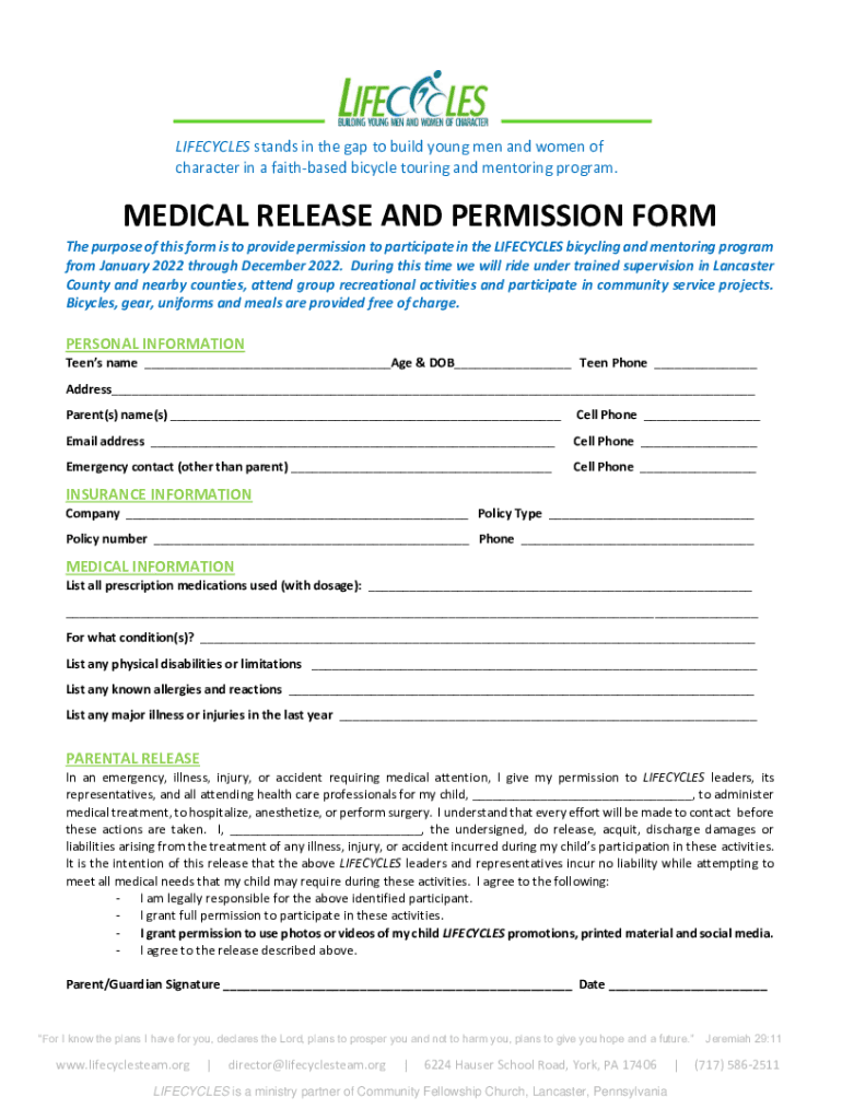 Fillable Online MEDICAL RELEASE AND PERMISSION FORM - Lifecycles Fax Email Print - pdfFiller