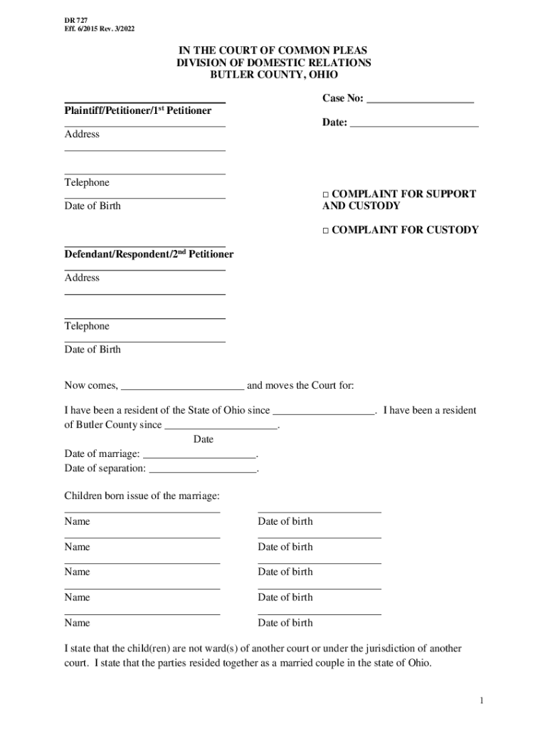 Fillable Online instructions for filing a complaint for custody and ...