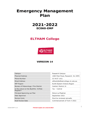 Fillable Online elthamcollege vic edu Emergency Management Plan Template for Non Gov Schools ...