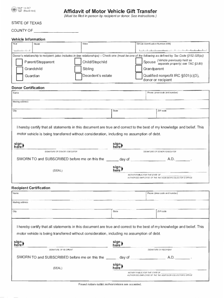 Fillable Online Affidavit of Motor Vehicle Gift Transfer - Coleman ...