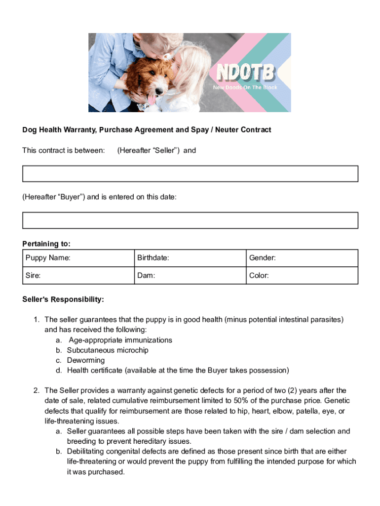 Fillable Online Dog Health Warranty, Purchase Agreement and Spay ...