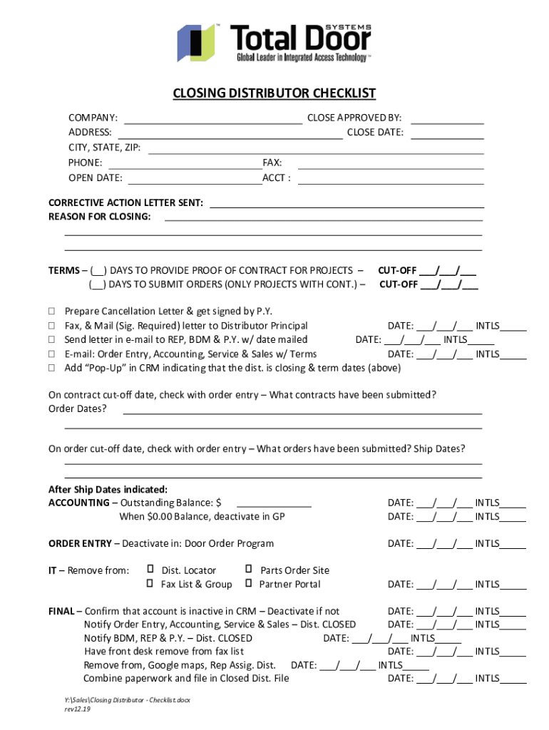 Fillable Online CLOSING DISTRIBUTOR CHECKLIST Fax Email Print - pdfFiller