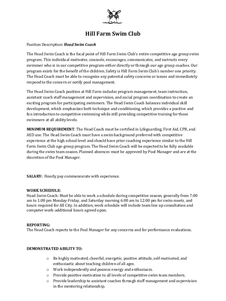 Fillable Online HFSC Job Description - Head Swim Coach Fax Email Print ...