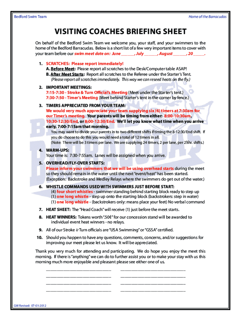 Fillable Online VISITING COACHES BRIEFING SHEET Fax Email Print - pdfFiller