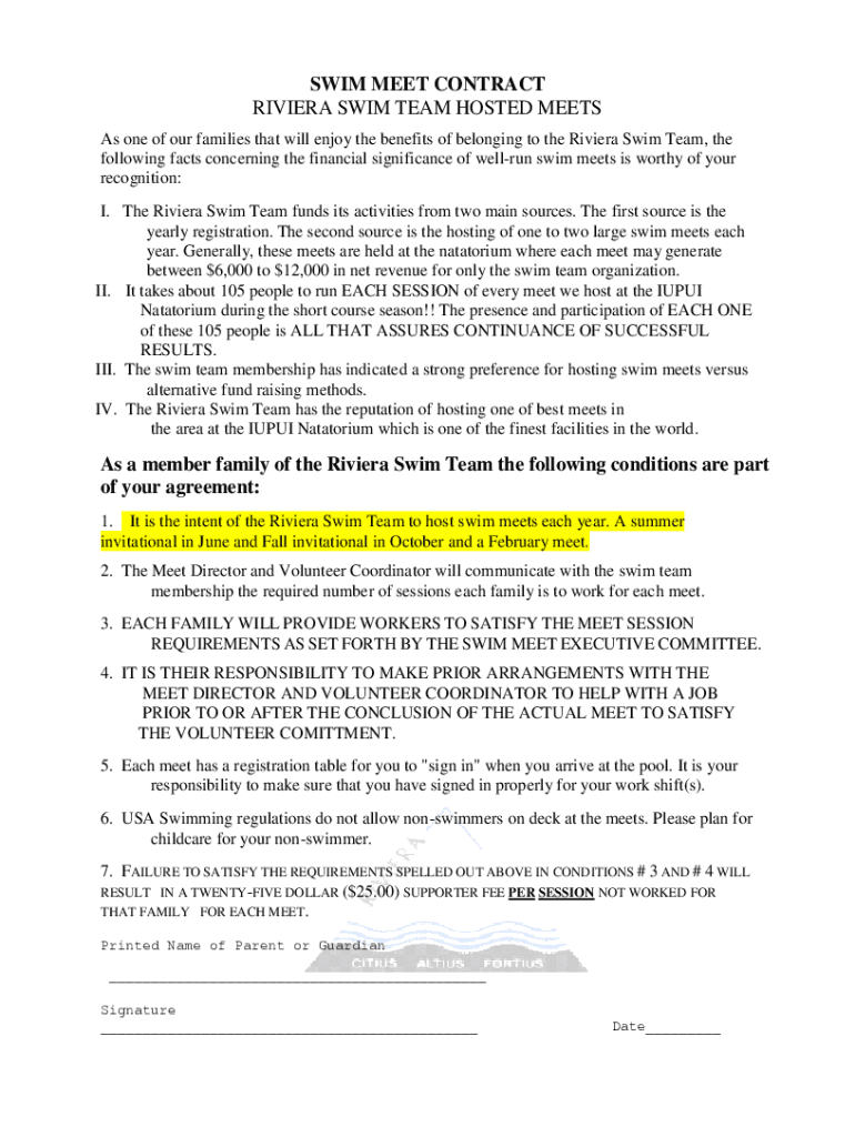 Fillable Online swim meet contract riviera swim team hosted meets Fax ...
