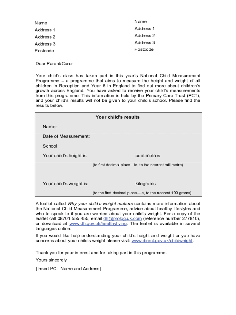 Fillable Online dera ioe ac RH/AB - NCMP Your Ref: Dear Parent/Guardian ...