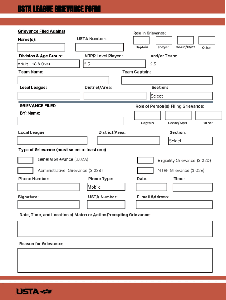 Fillable Online Adult League Grievance Form - USTA Southern California ...