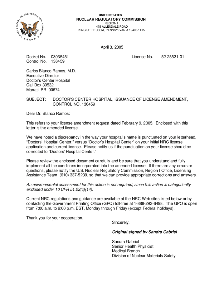 Fillable Online Doctor's Center Hospital, Issuance of License Amendment ...