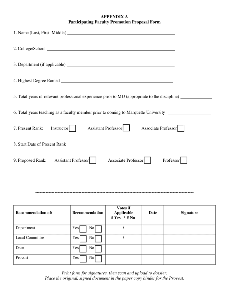 Fillable Online APPENDIX A Promotion / Tenure Proposal Form 1. Name ( ... Fax Email Print ...