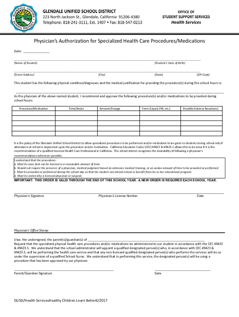 Fillable Online Physician's Authorization for Medications-Procedures ...