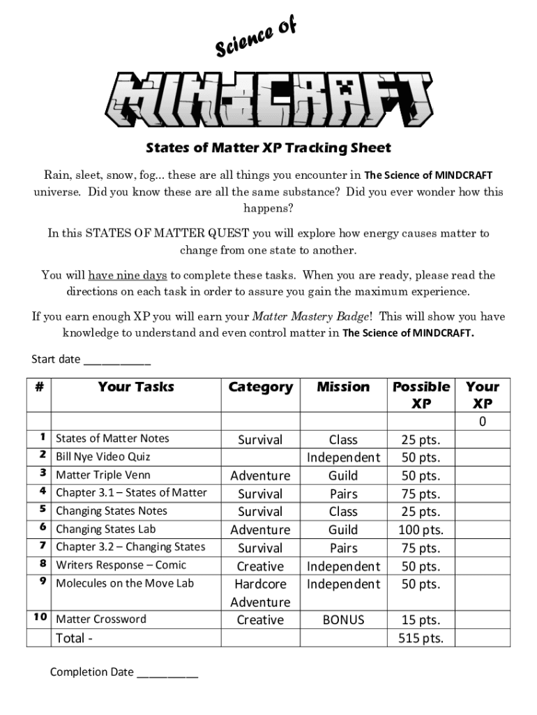 Fillable Online States of Matter XP Tracking Sheet Fax Email Print ...