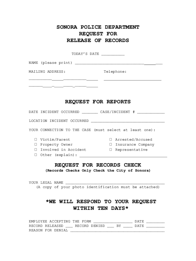 Fillable Online Sonora Police Department Request for Release of Records ...