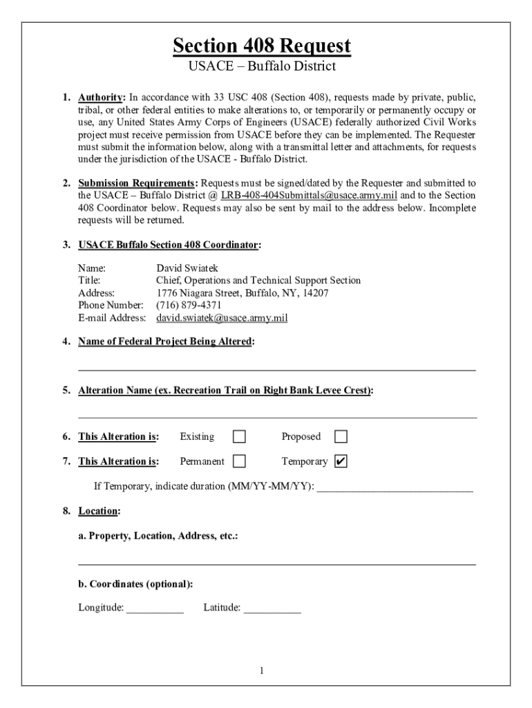 Fillable Online Section 408 Request - (USACE) Buffalo District - Army ...