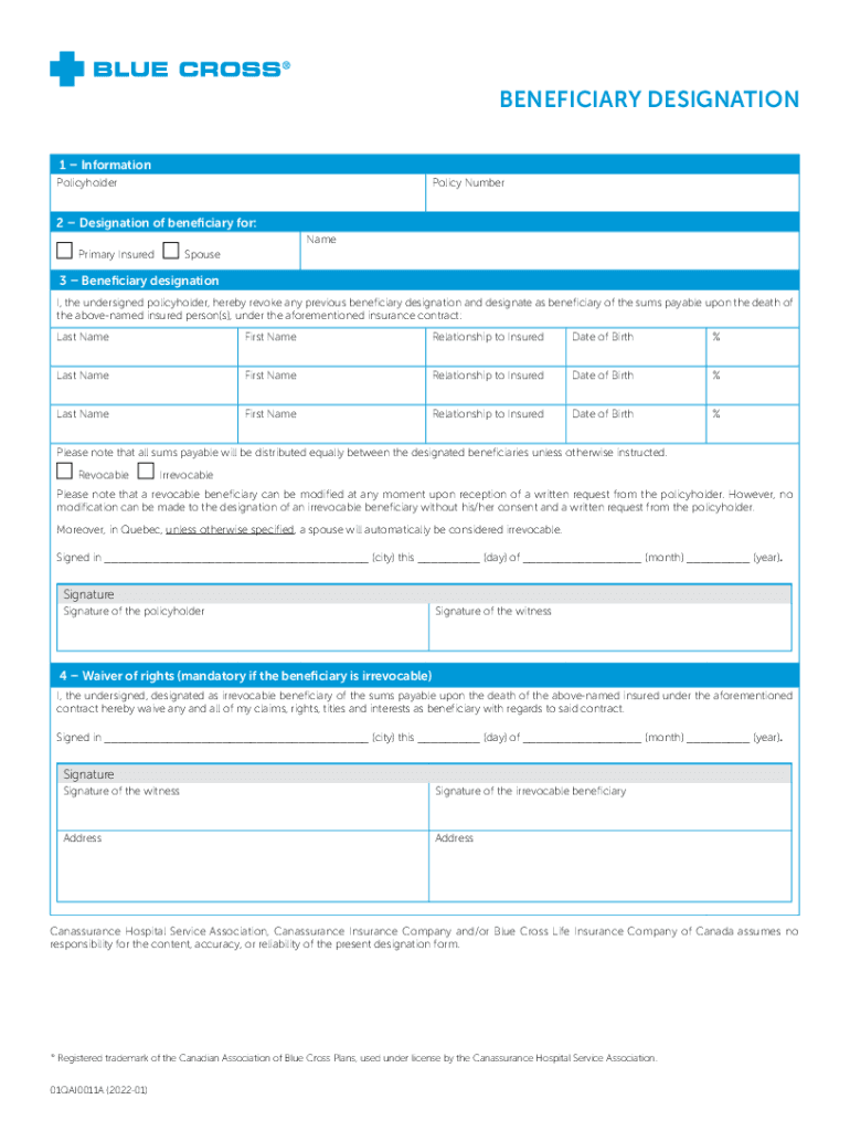 Fillable Online qc bluecross retirement beneficiary designation/change ...